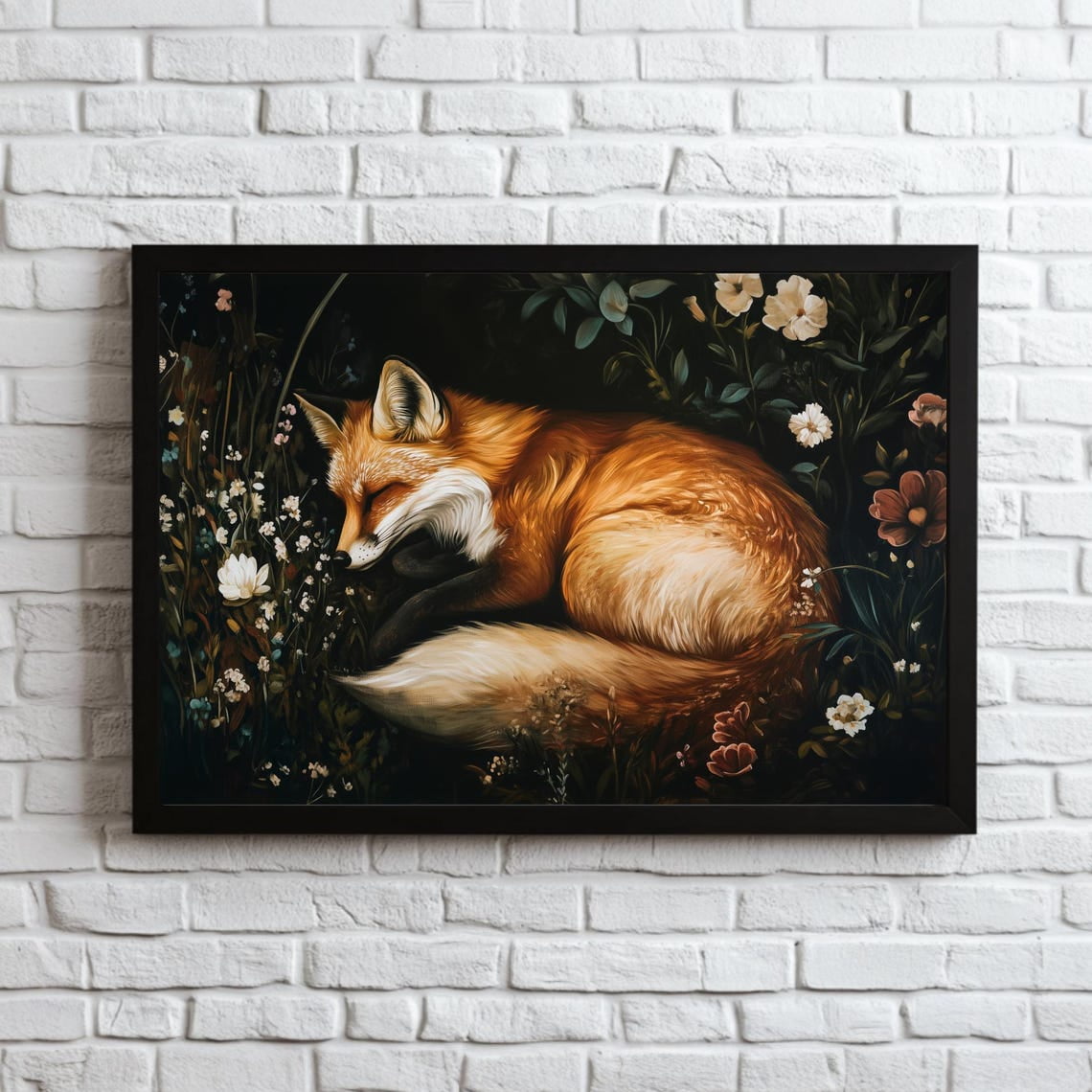 Modroom Sleeping Fox Print, Moody Fox Painting Art Print, Botanical ...