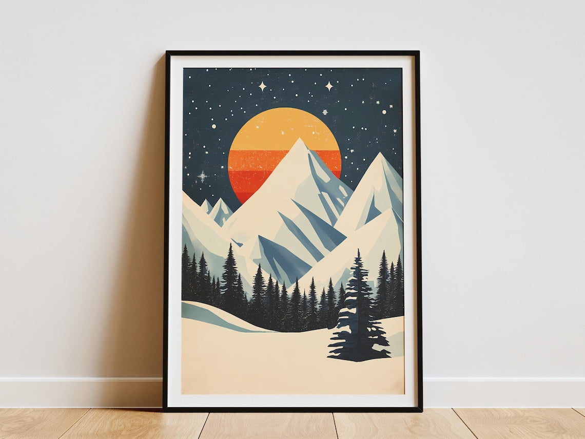 Modroom Snowy Mountain Landscape Poster Geometric Mid Century Modern ...