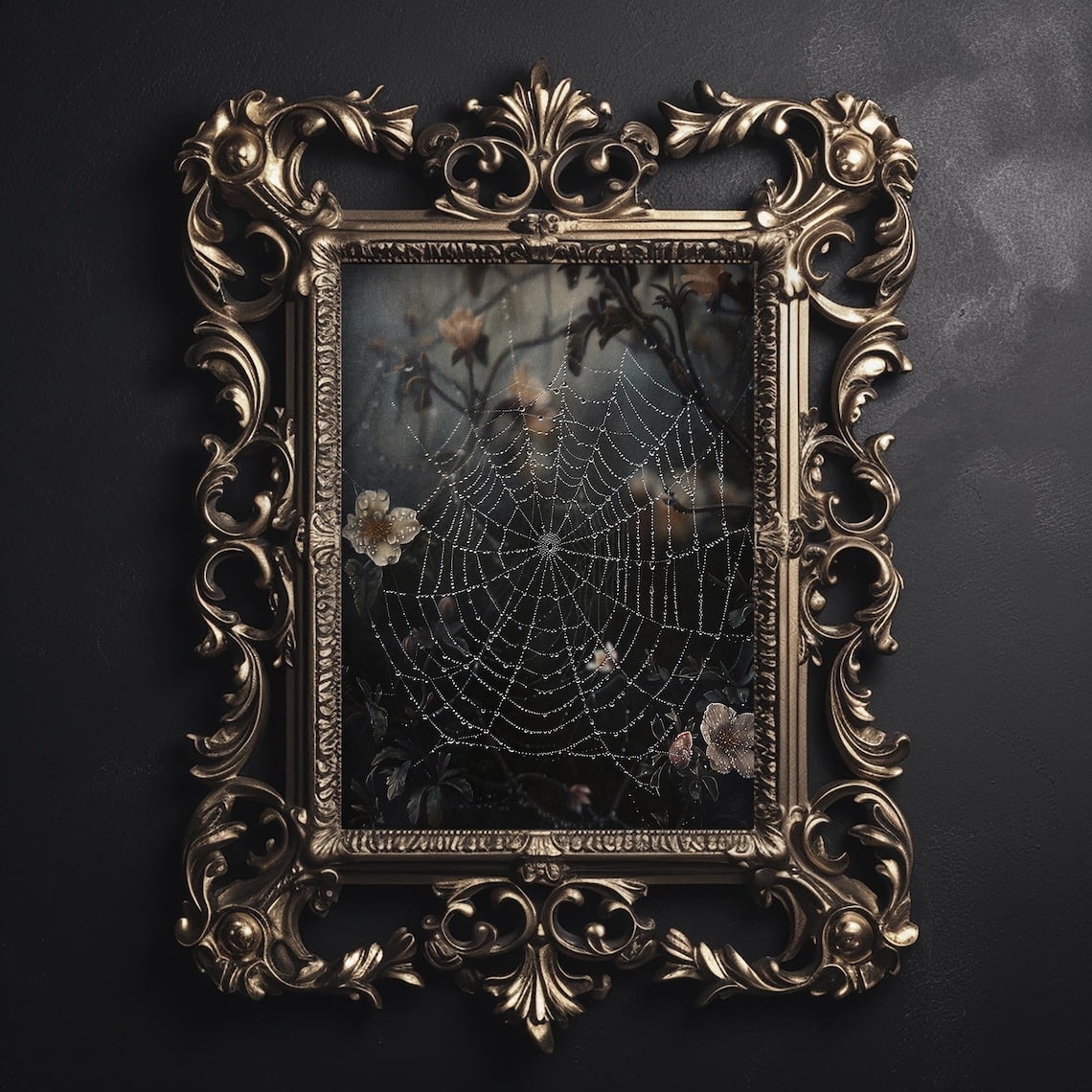 Modroom Spider Web with Dew in Forest Poster, Moody Gothic Dark ...
