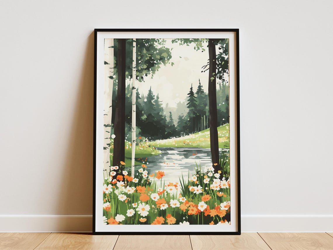 Modroom Spring Forest River Poster Nature Art Print Flowers Birch Trees ...