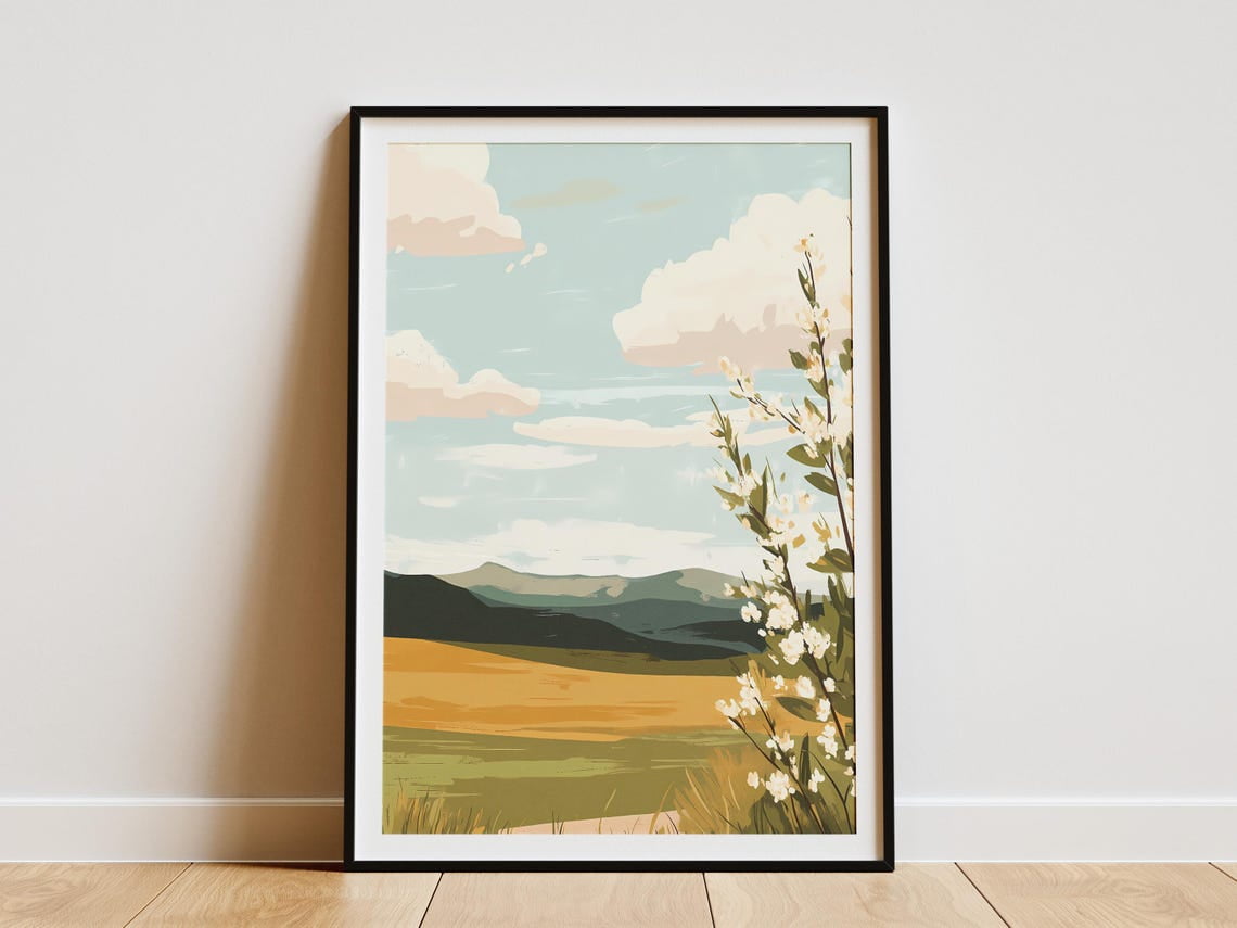 Modroom Spring Landscape Poster Blooming Trees Hill Print Modern Minimalist Nature Wall Art ...