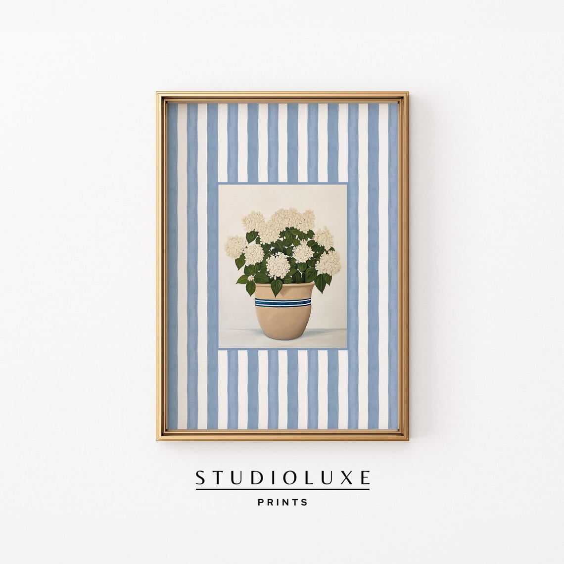 Modroom Striped Hydrangea Wall Art, Blue White Floral Print, Coastal ...