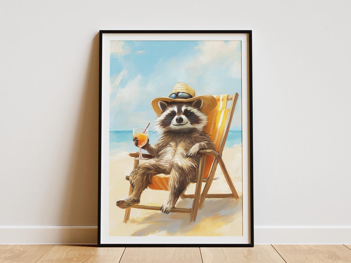 Modroom Summer Beach Trash Panda Art Print Cute Animal Poster Trash ...