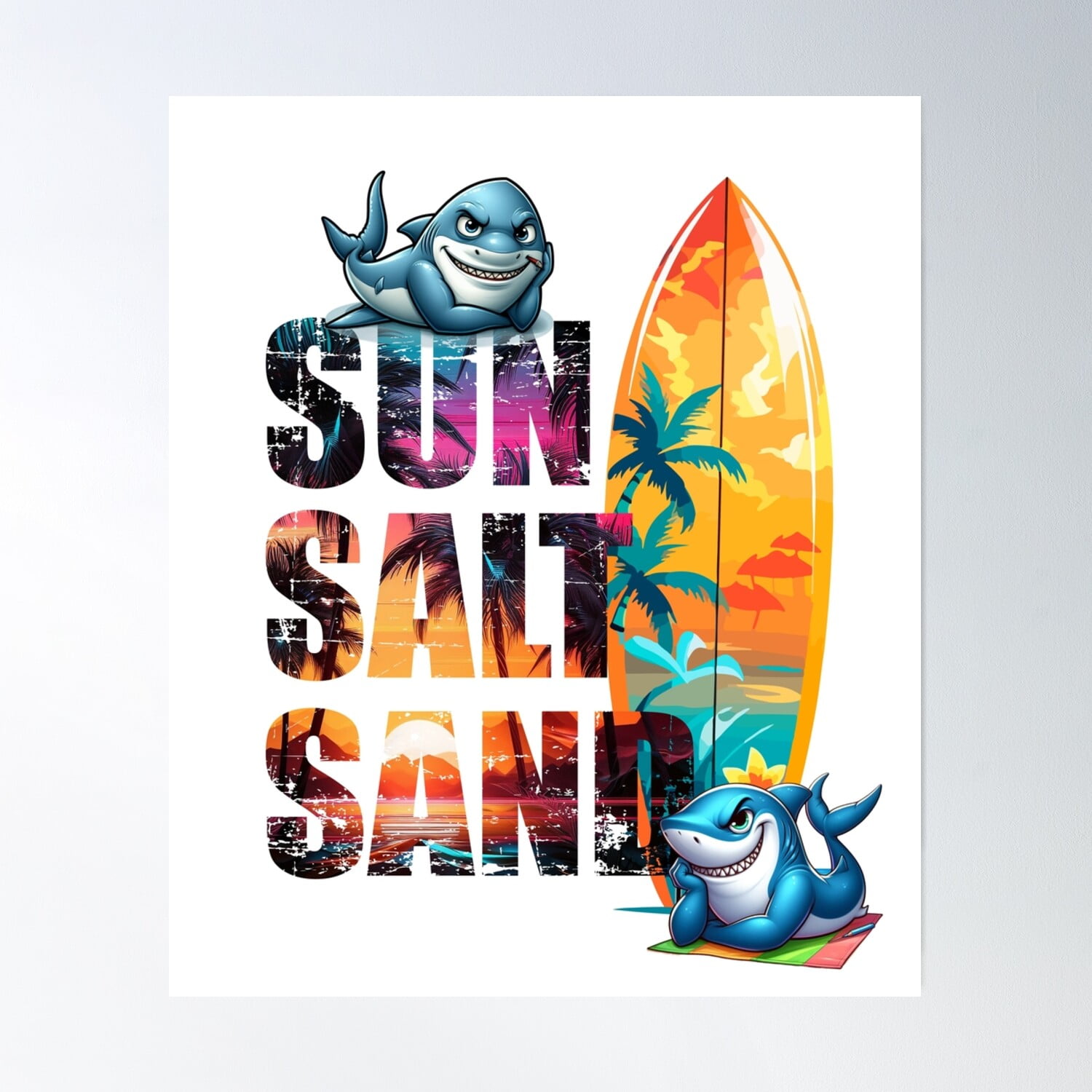 Modroom Sun Salt Sand Beach And Waiting Sharks Poster Wall Art, Modern ...