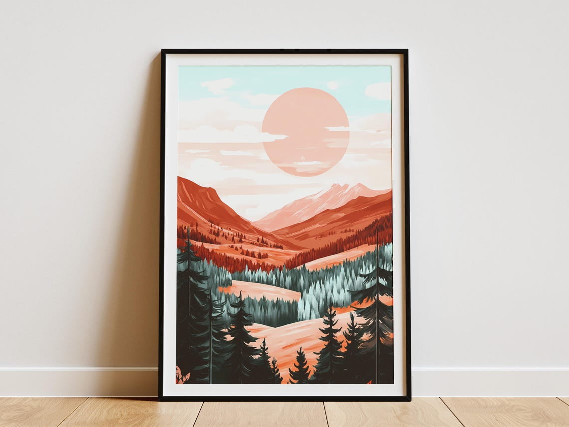 Modroom Sunset Mountain Landscape Poster Nature Art Print Orange And ...