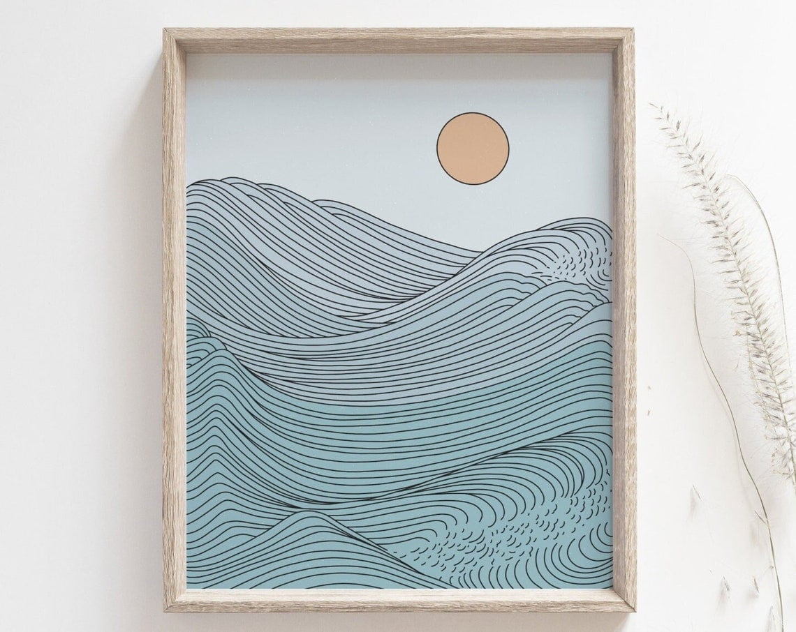 Modroom Sunset Print - Ocean Art Poster, Seaside Illustration, Simple ...