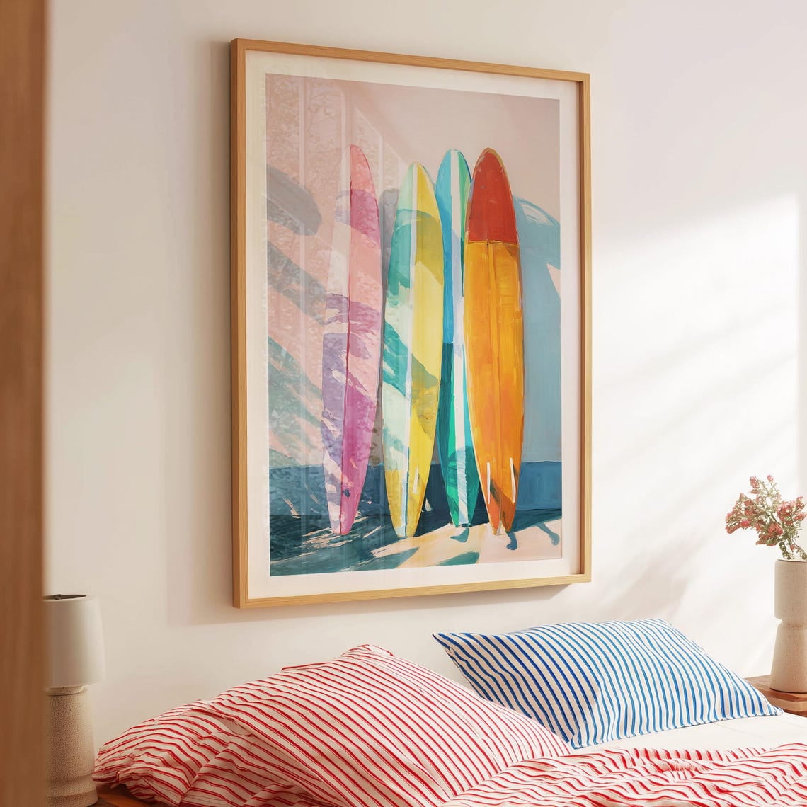 Modroom Surfboard Print Trendy Surf Coastal Wall Art Watercolor Surfer ...