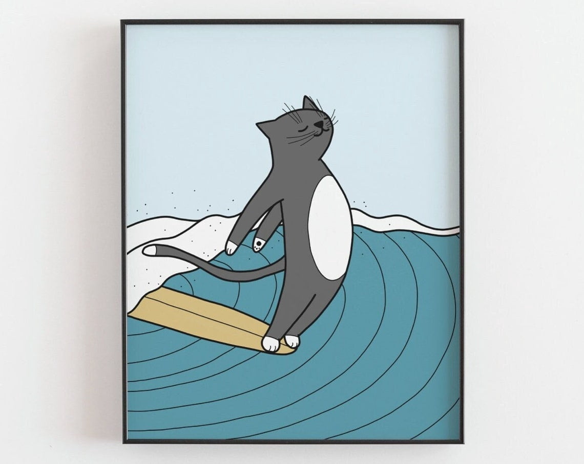 Modroom Surfing Cat Print - Animal Poster, Tuxedo Cat, Ocean Wave, Surf ...
