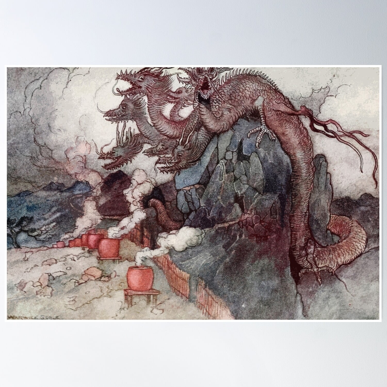 Modroom Three Headed Dragon Illustration - Warwick Goble Poster Wall ...