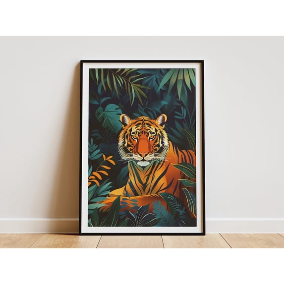 Modroom Tiger Jungle Poster Tropical Animal Print Orange Green Wall Art ...
