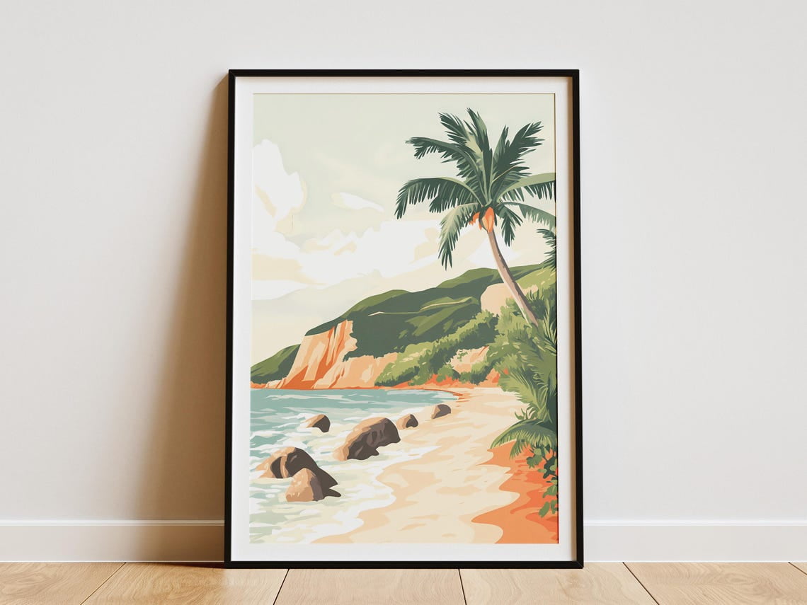Modroom Tranquil Beach Palm Tree Poster Print Coastal Wall Art Ocean ...