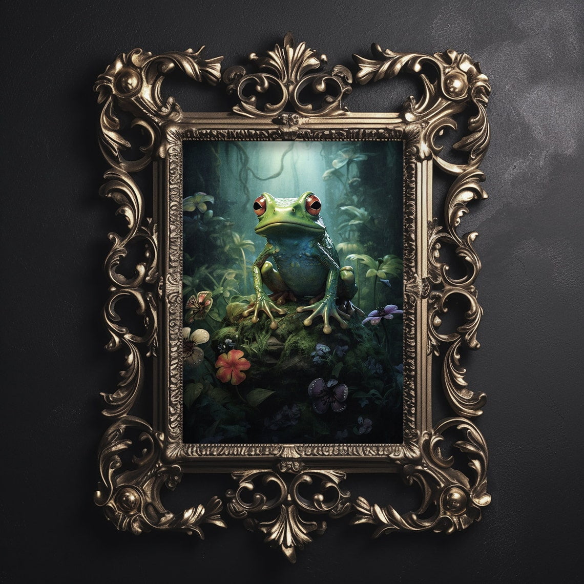 Modroom Tree Frog in Flower Forest Poster, Botanical Woodland Dark ...