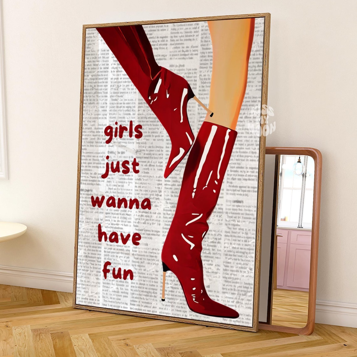 Modroom Trendy Newspaper Article Print, Red Boots Retro Poster Art ...