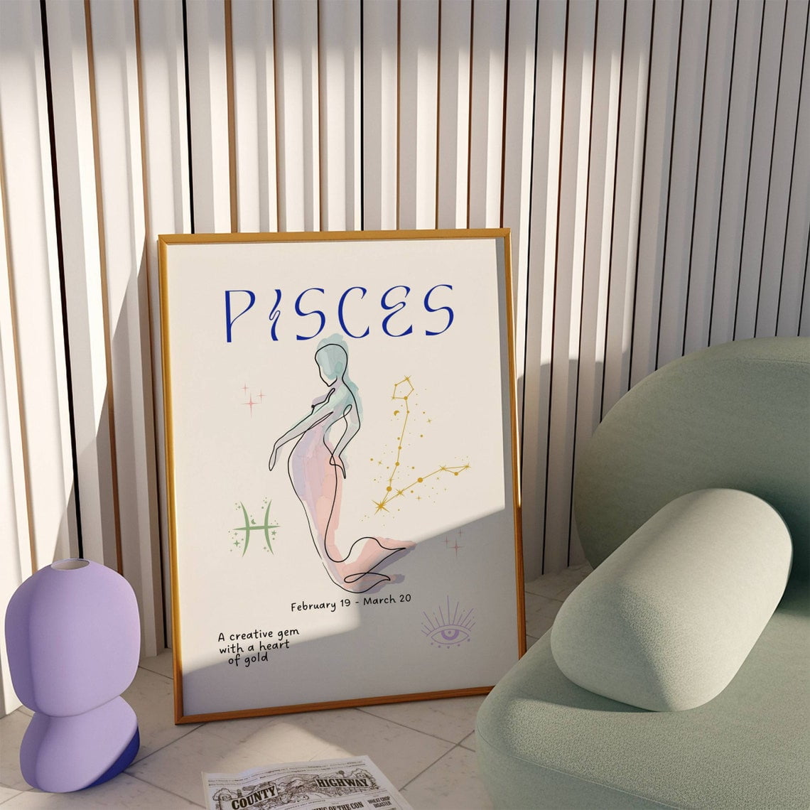 Modroom Trendy Pisces Zodiac Sign Print, Star Sign Poster, Celestial ...