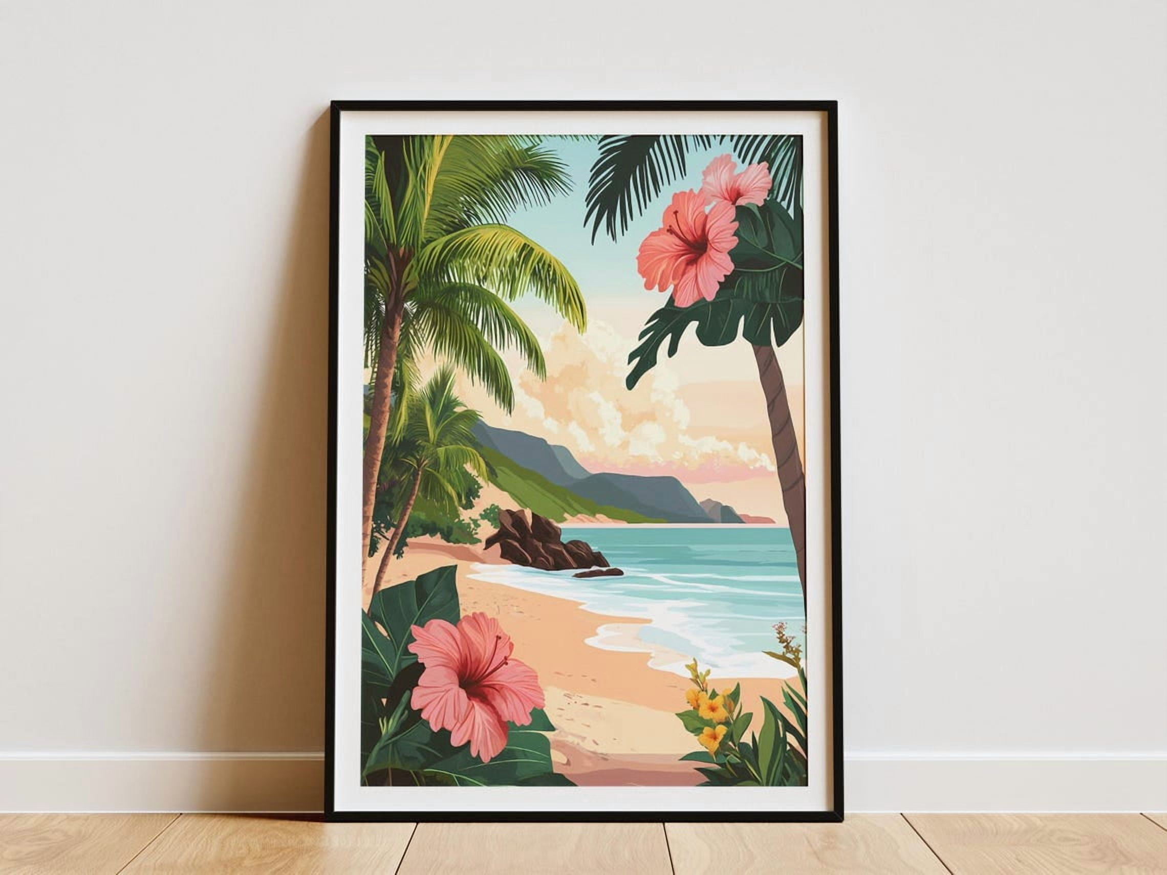 Modroom Tropical Beach Paradise Poster Hibiscus Palm Tree Print Summer ...