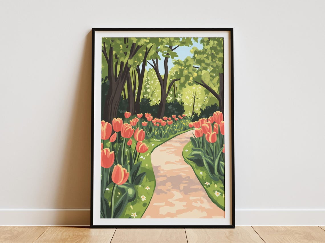 Modroom Tulip Garden Pathway Poster Spring Flowers Art Print Orange ...