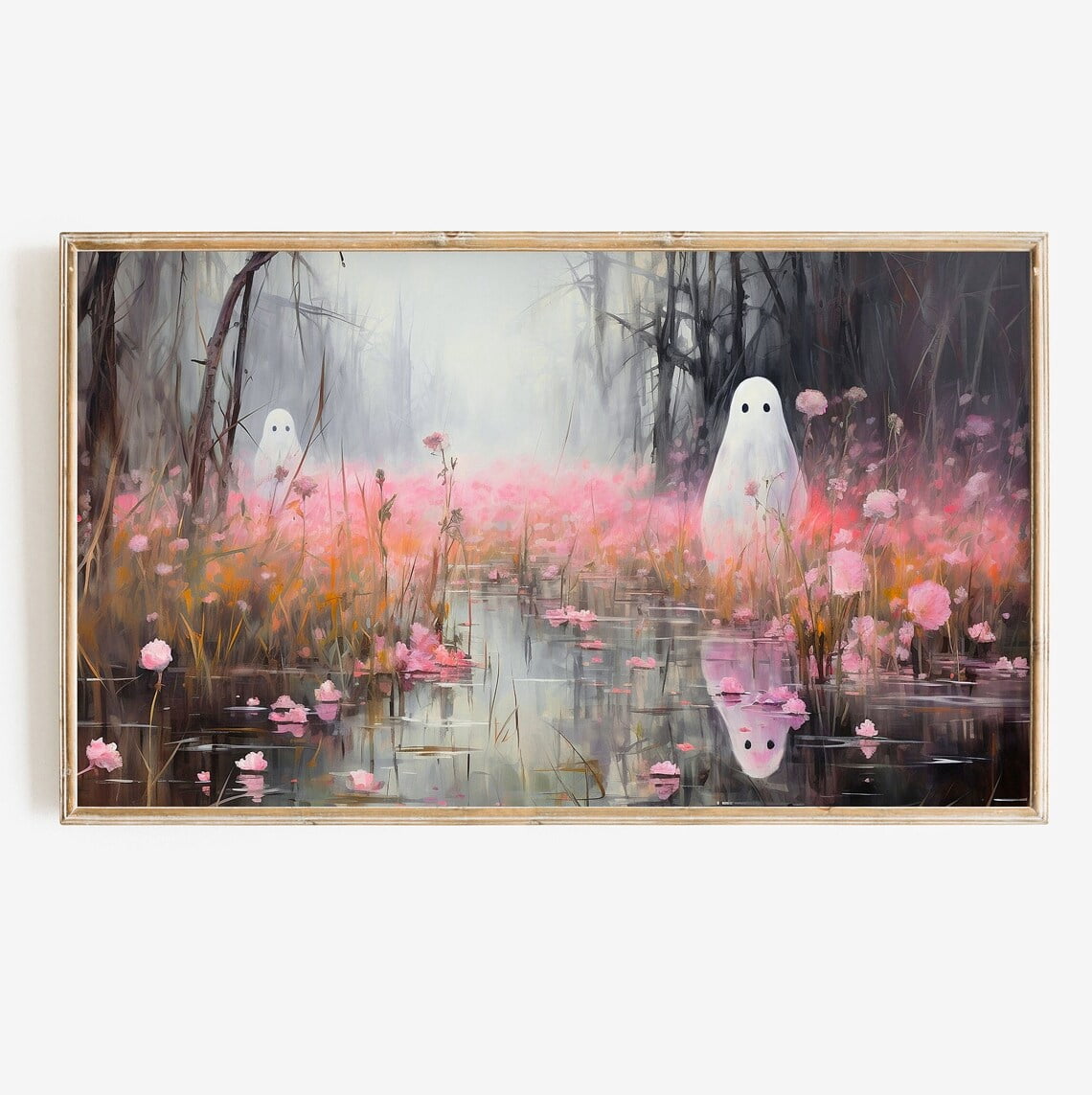 Modroom Tv Art | Cute Ghost Landscape Painting | Spooky Pink Wildflower ...