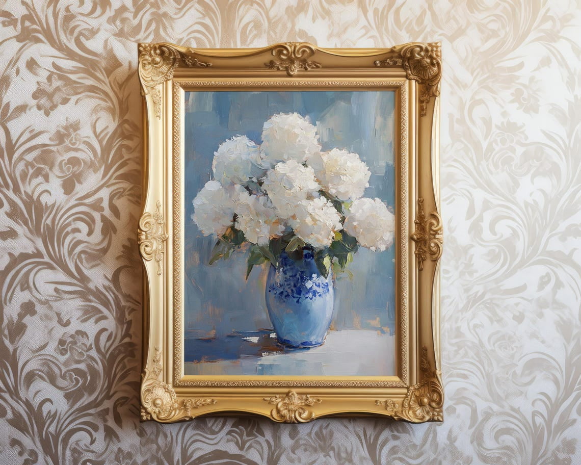 Modroom Vintage Blue Hydrangea Floral Print Nancy Meyers Inspired ...