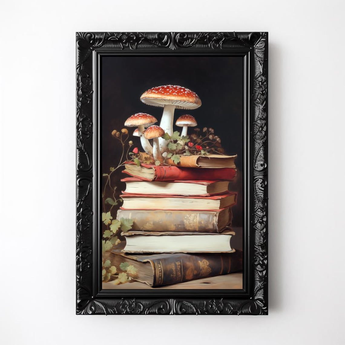 Modroom Vintage Books Mushroom Art Print Botanical Library Painting ...