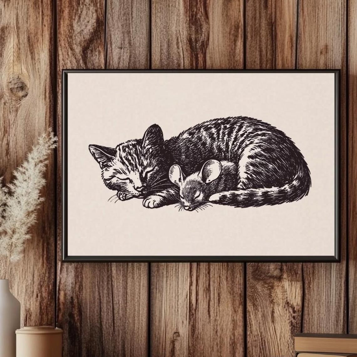 Modroom Vintage Cat Print Cat And Mouse Wall Art, Cute Cat Poster, Cat ...