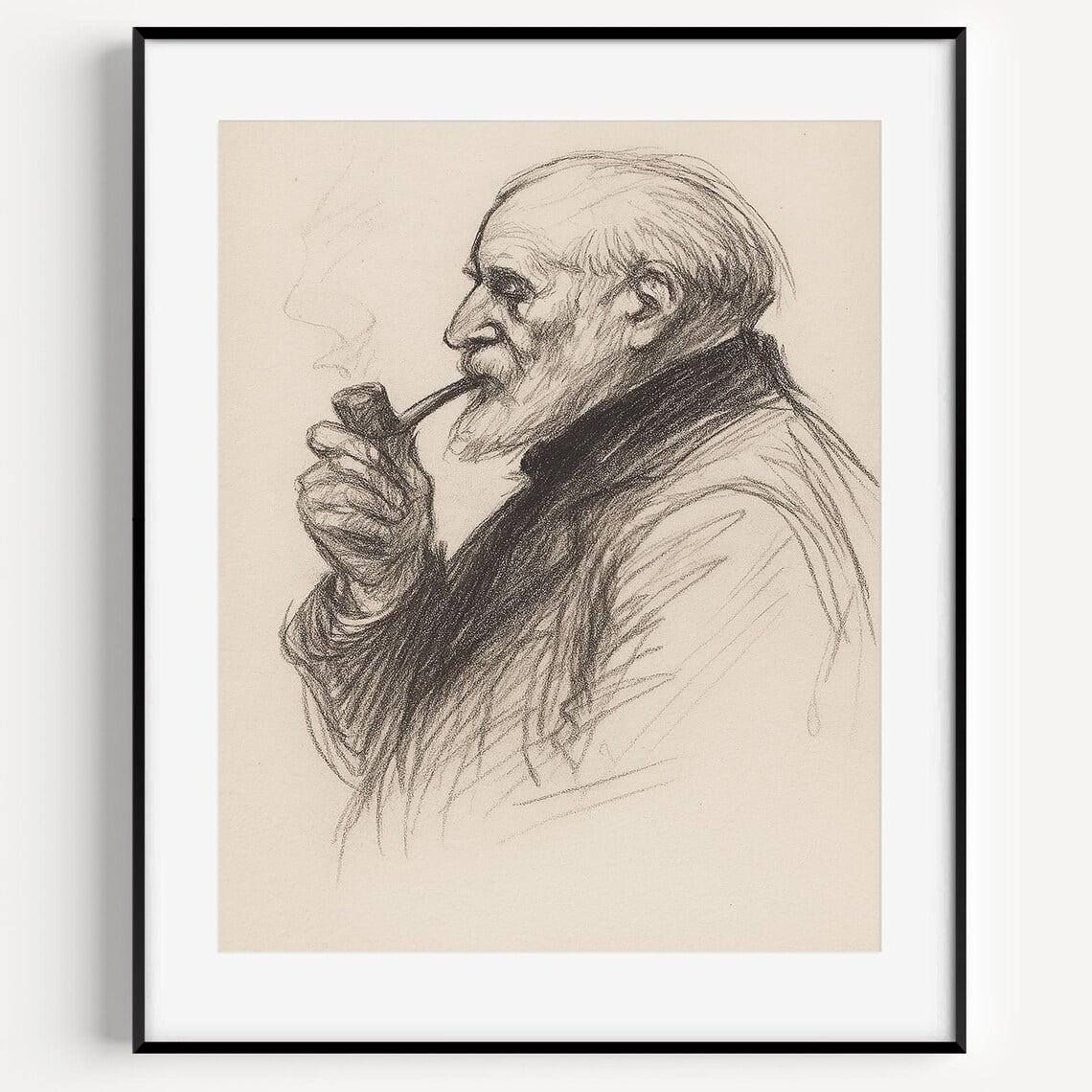 Modroom Vintage Charcoal Sketch Wall Art Print | Elderly Man With Pipe ...