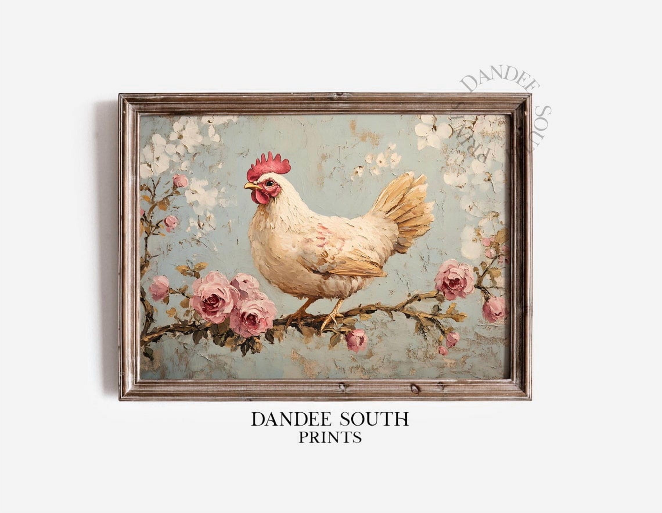 Modroom Vintage Chicken Poster, Floral Rooster and Hen Wall Art, French ...