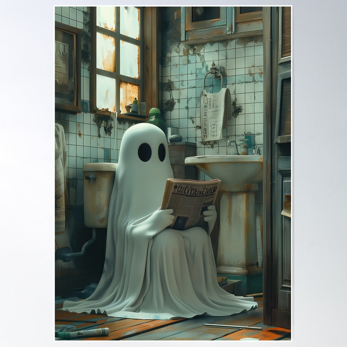 Modroom Vintage Ghost Reading Newspaper On The Toilet Poster, Modern ...