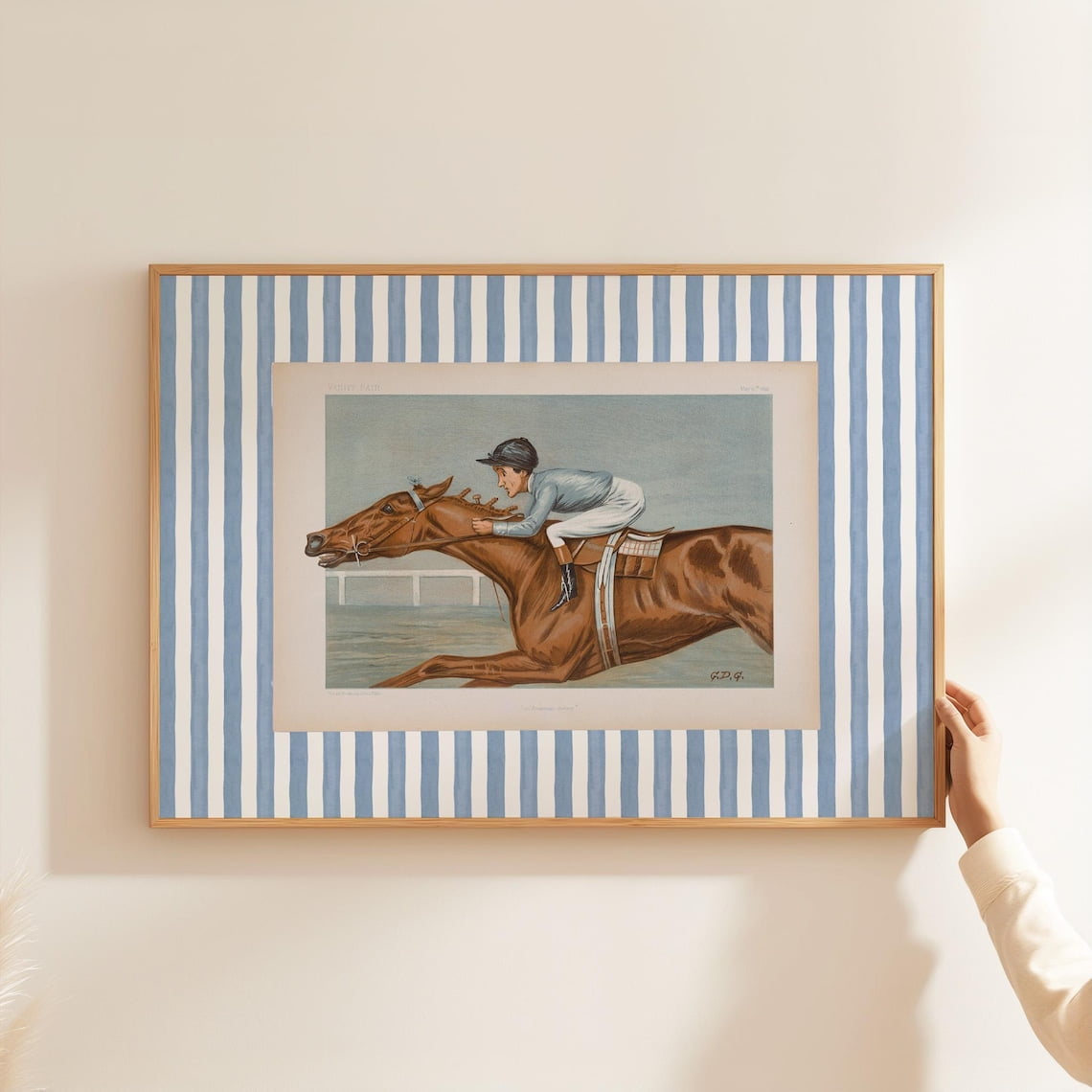 Modroom Vintage Jockey Horse Wall Art Print, Blue Striped Equestrian ...