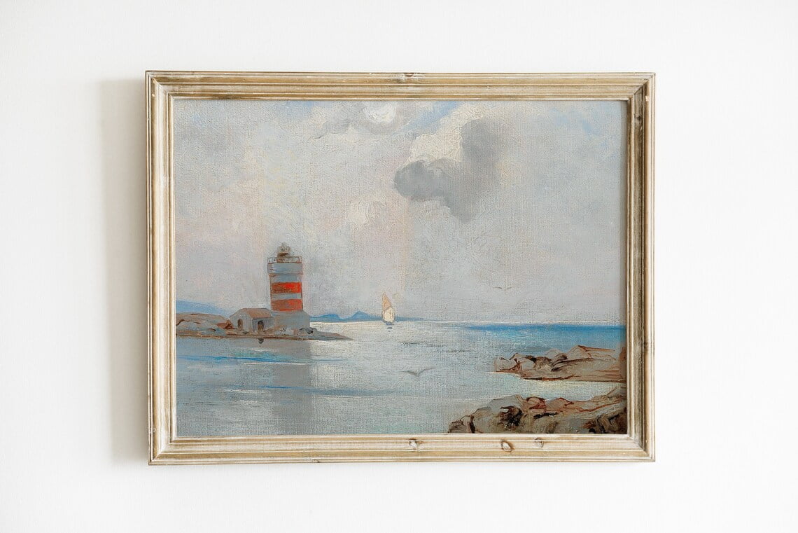 Modroom Vintage Lighthouse Seascape, Antique Lighthouse Art Sea ...