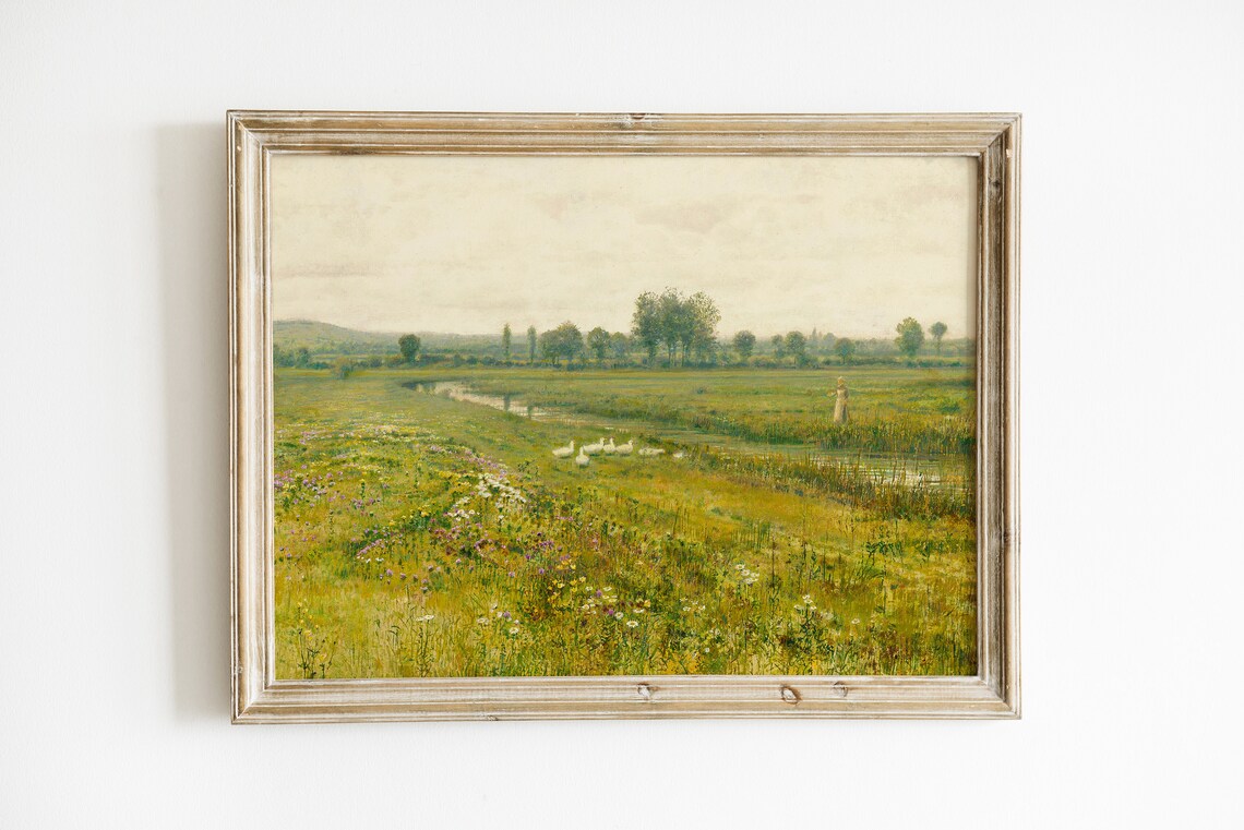 Modroom Vintage Meadow Landscape With Geese By A Stream | Spring Meadow ...