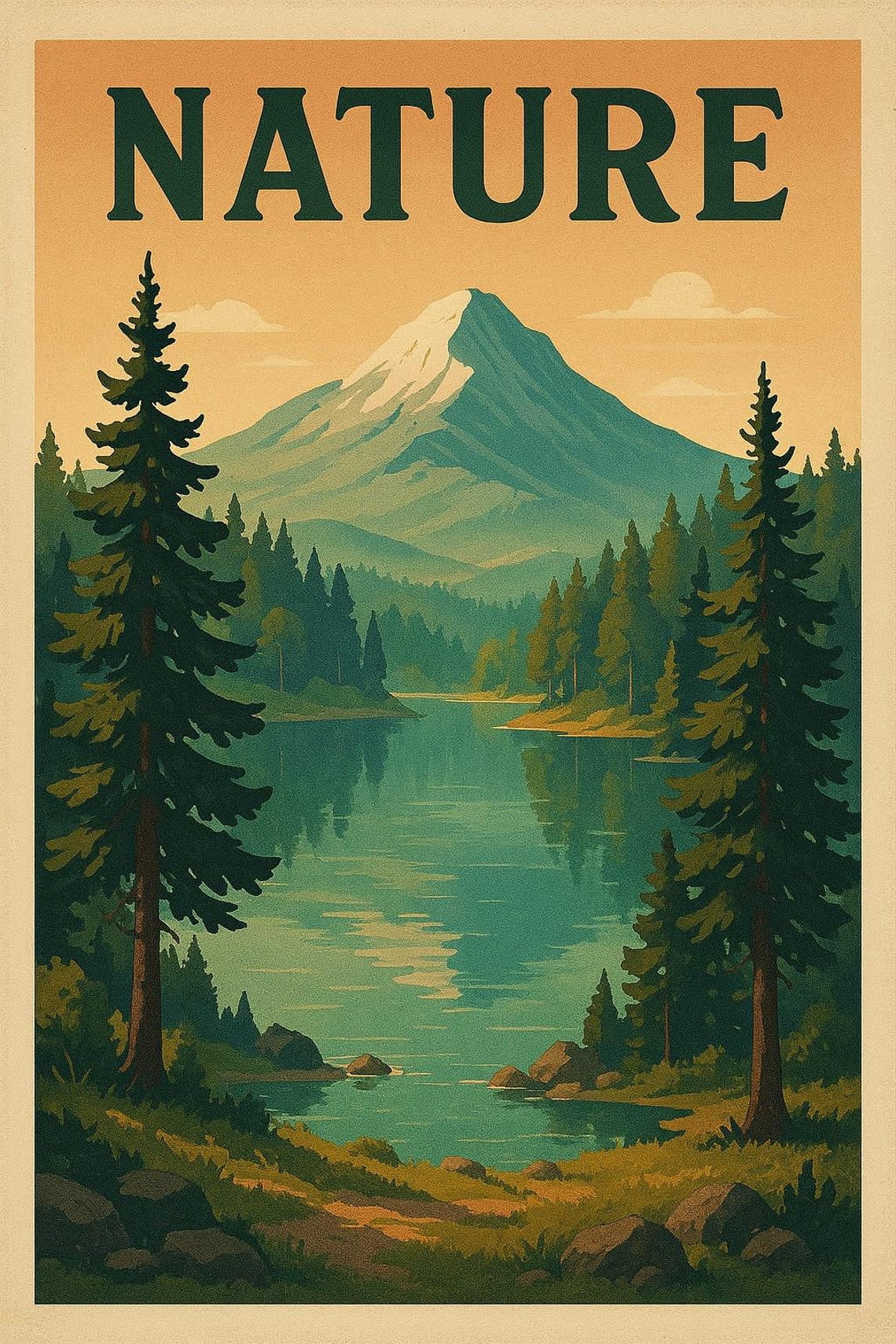 Modroom Vintage Nature Poster Scenic Mountain Landscape, Tranquil Lake ...