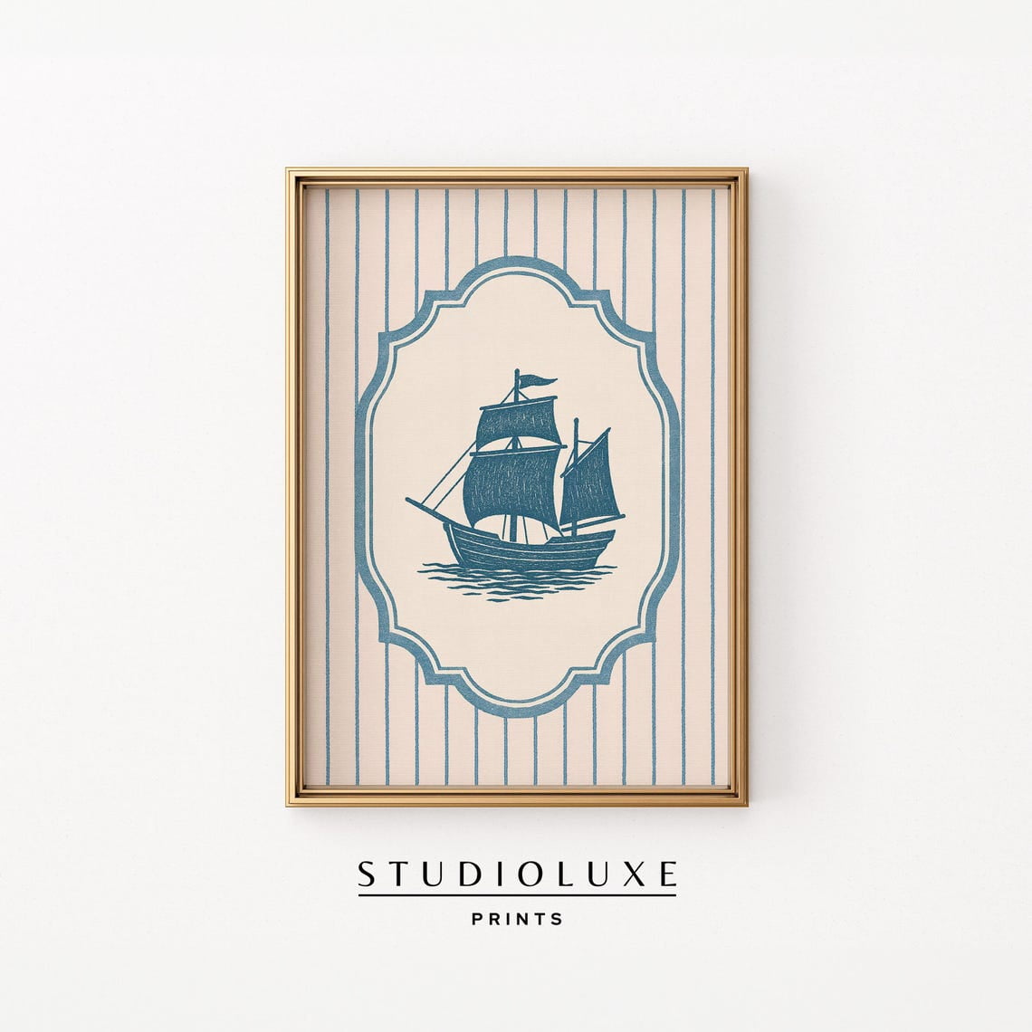 Modroom Vintage Nautical Ship Wall Art | Blue Sailing Boat Print ...