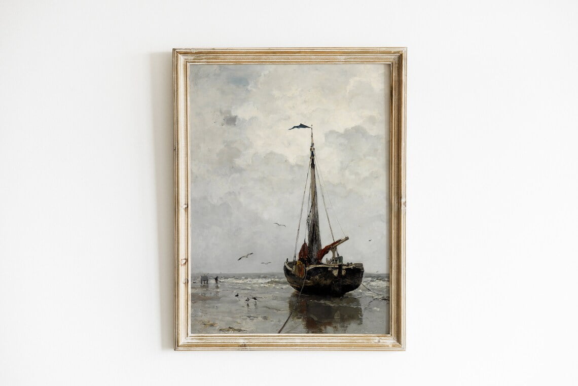 Modroom Vintage Painting Of A Fishing Boat | Antique Sailboat Painting ...
