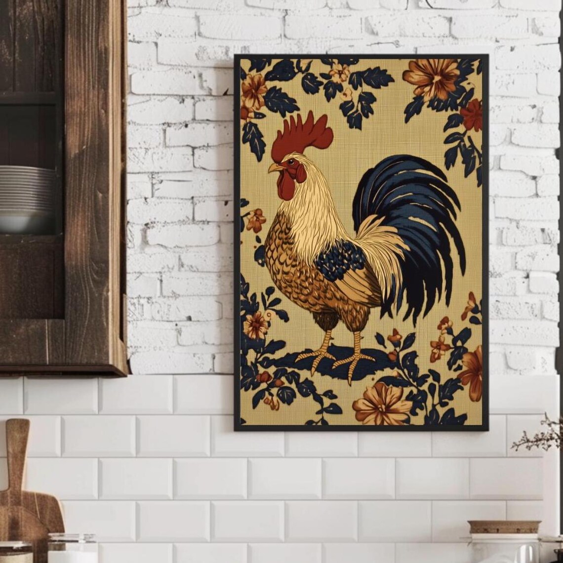 Modroom Vintage Rooster Print Floral Farmhouse Kitchen Wall Art Retro ...