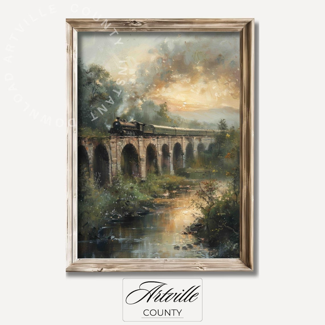 Modroom Vintage Steam Train Painting Stone Bridge Art Print, Sunset ...