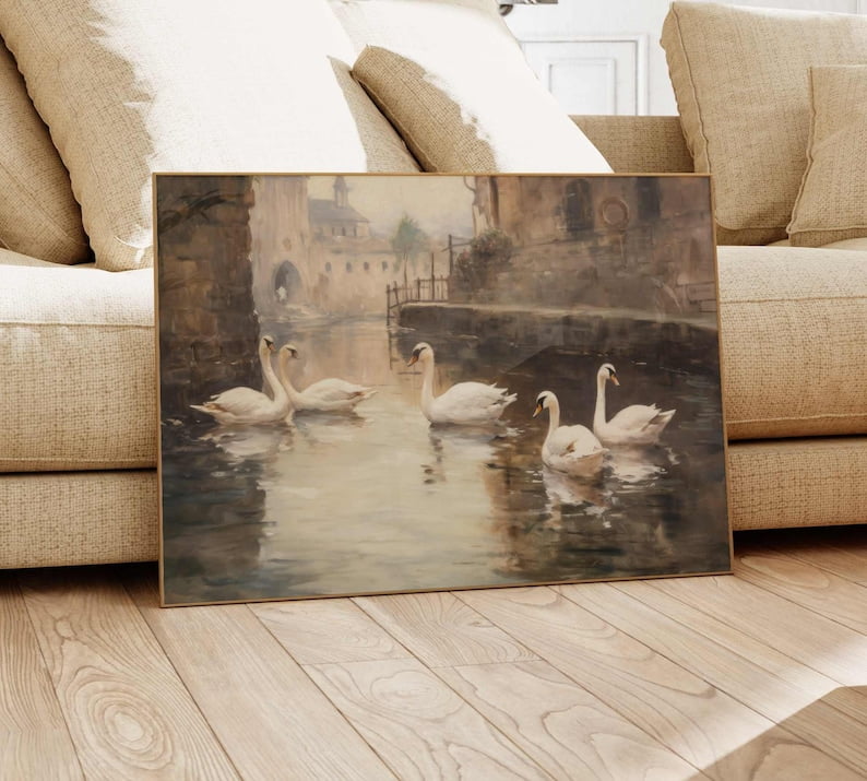Modroom Vintage Swan Wall Art, Neutral Swan Artwork Print For Elegant ...
