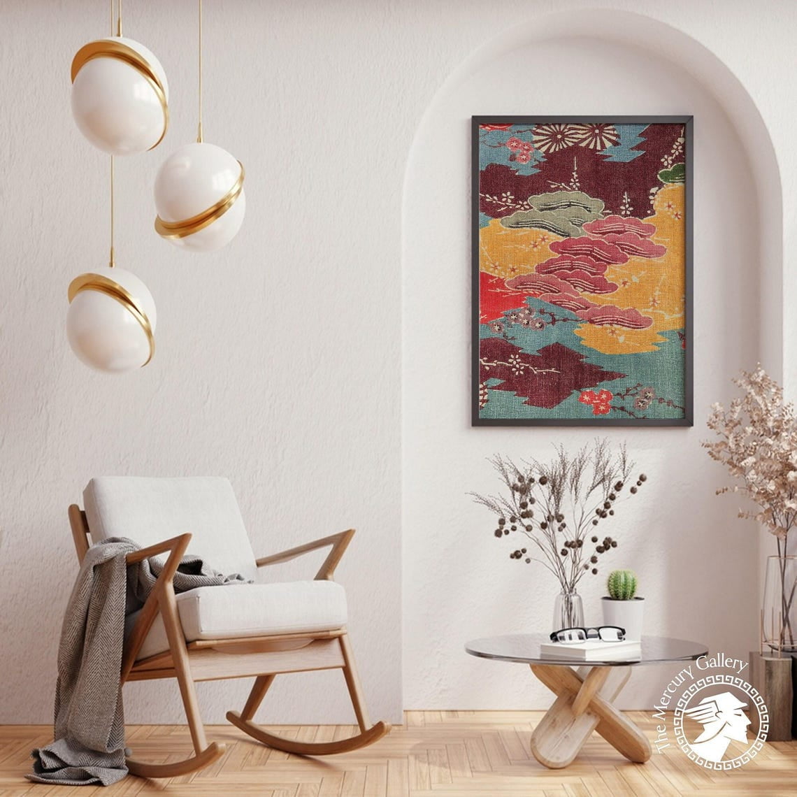 Modroom Vintage Textile Art Poster, Plum and Chrysanthemum Pattern ...