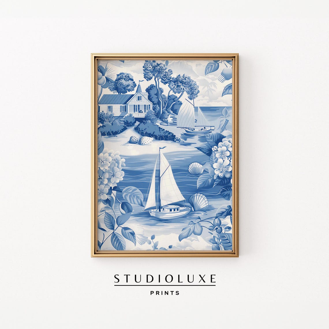 Modroom Vintage Toile Pattern, Blue Wall Art, Tropical Beachy Wall Art ...