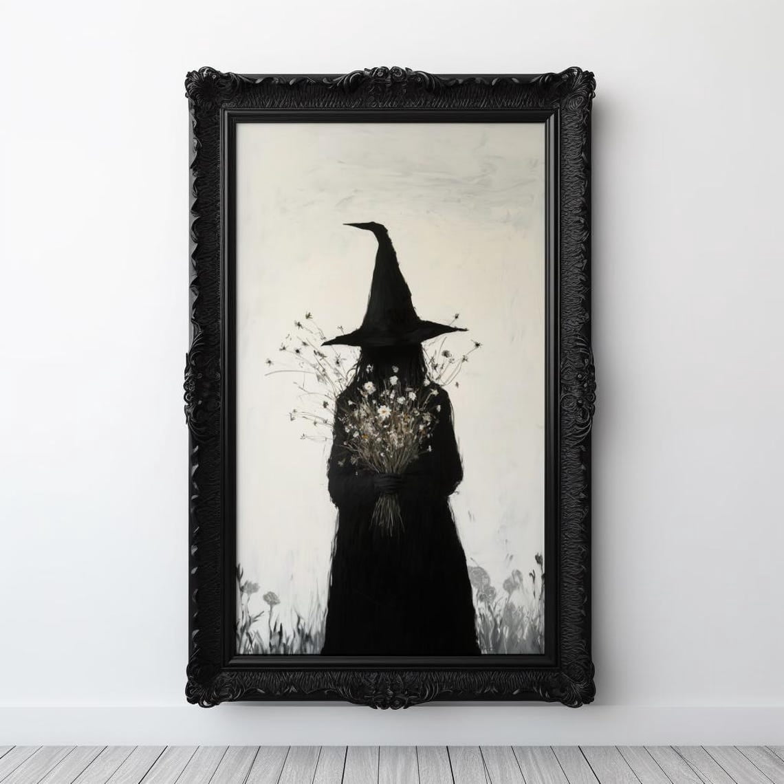 Modroom Vintage Witch Painting Witch Wall Art, Rustic Floral Gothic ...
