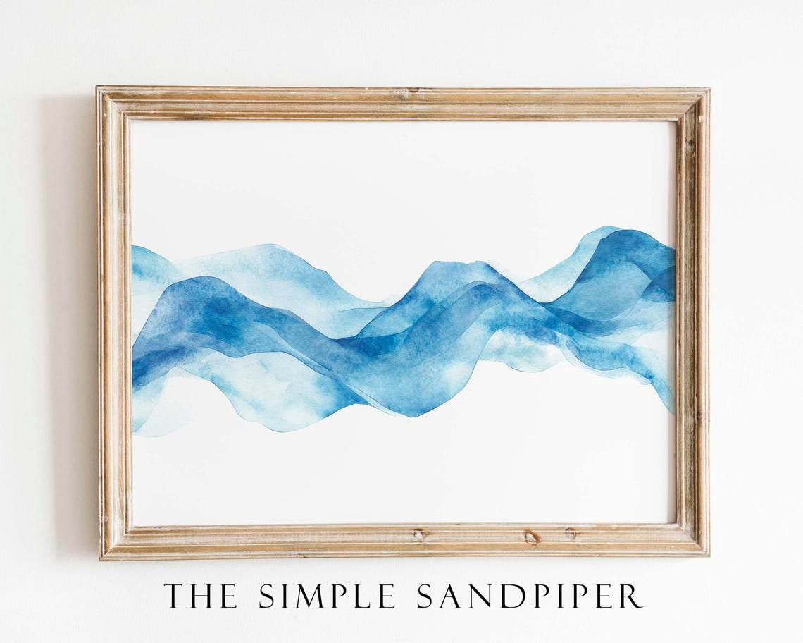 Modroom Watercolor Blue Ocean Waves Print, Minimalist Wall Art, Coastal ...