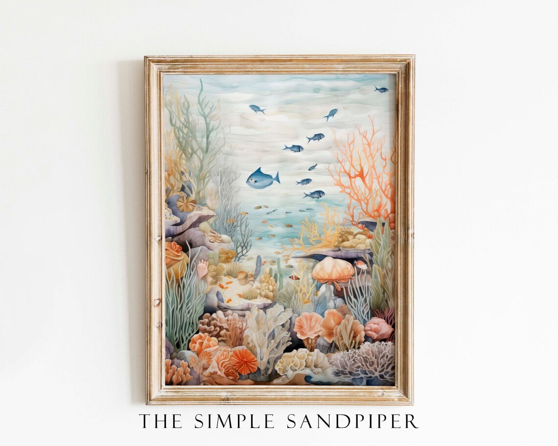 Modroom Watercolor Coral Reef Print, Muted Reef Serenade Art, Ocean ...