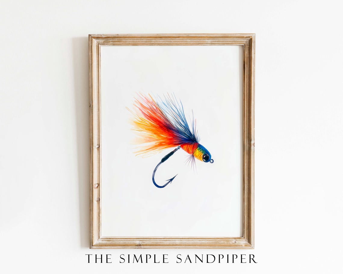 Modroom Watercolor Fishing Fly Print, Orange Blue Fly Art, Rustic ...