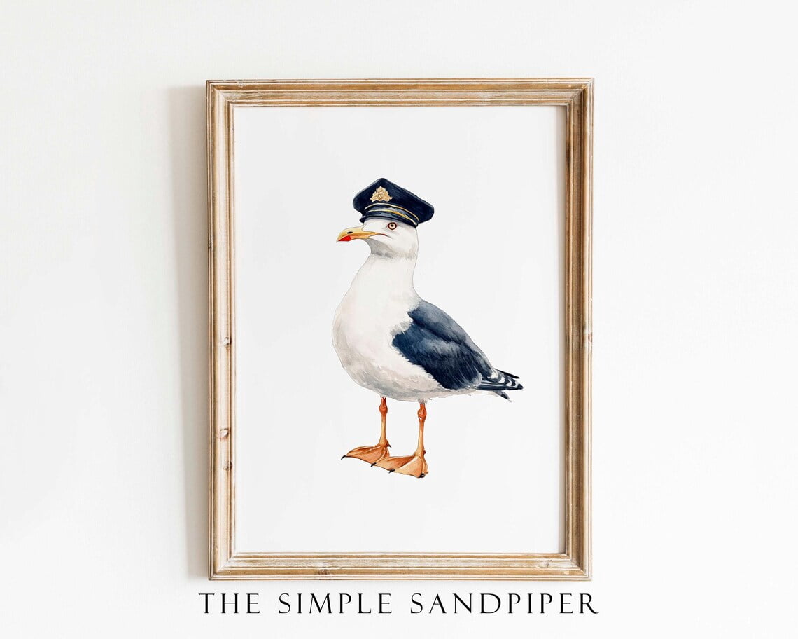 Modroom Watercolor Seagull Art Print, Nautical With Captains Hat, Beach ...
