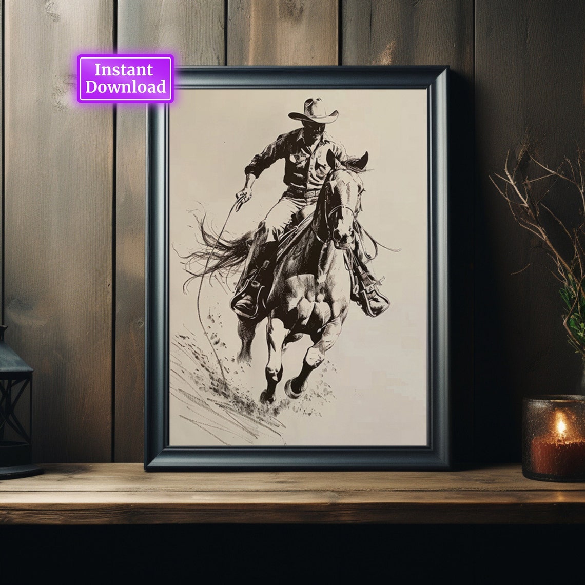 Modroom Western Cowboy Sketch Vintage Mid Century Decor Cowboy Antique ...