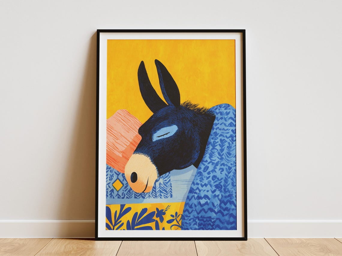 Modroom Whimsical Blue Donkey Sleeping In Bed Style Gouache Poster ...