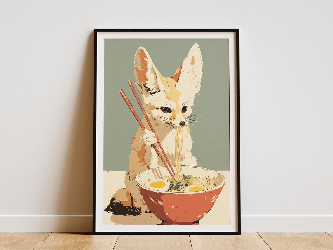 Modroom Whimsical Fennec Fox Ramen Eater Poster Cute Animal Kitchen ...