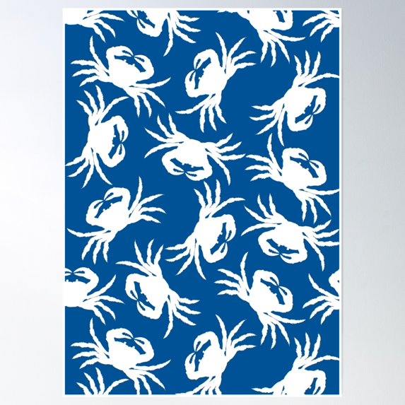 Modroom White And Blue Crab Pattern Poster Wall Art, Modern Wall Decor ...
