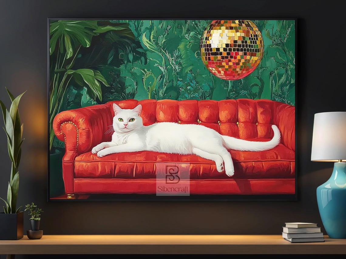 Modroom White Cat Disco Sofa Poster, Retro Party Wall Art, Vibrant ...