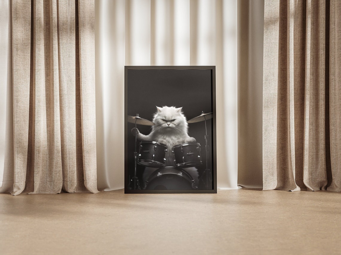 Modroom White Cat Drummer Poster, Vintage Rock Music Wall Art For ...