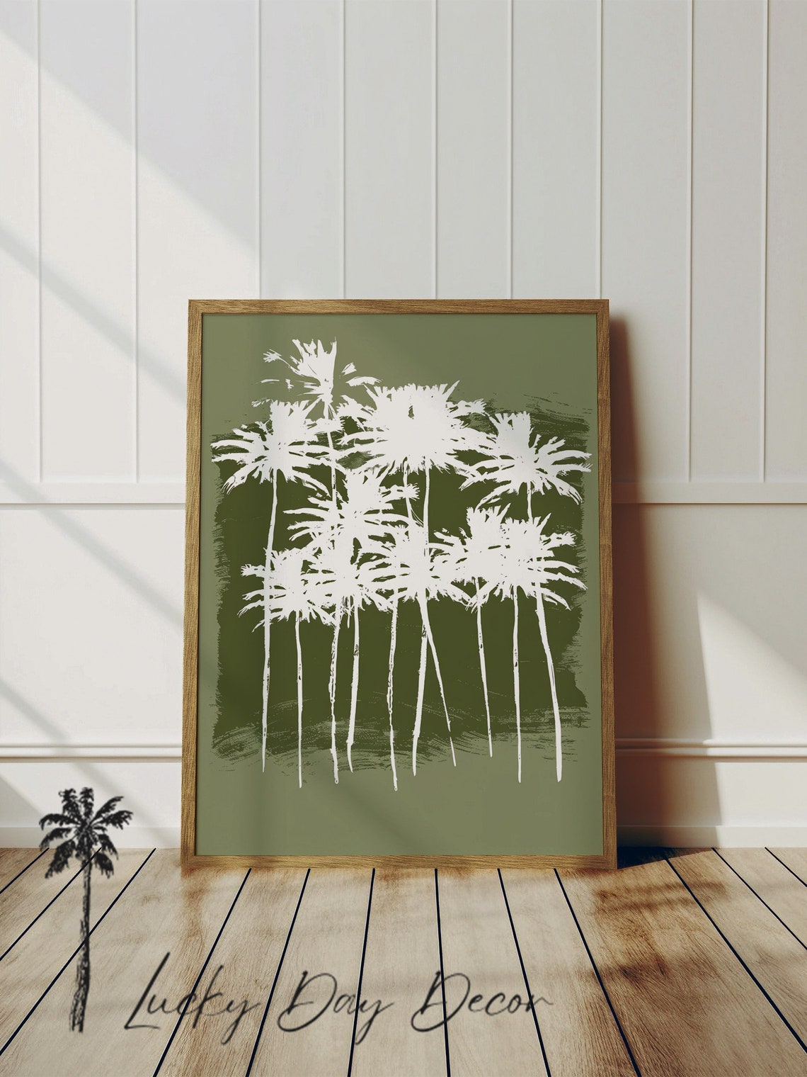 Modroom White Palm Trees On Olive Green, Tranquil Ocean Poster, Coastal ...